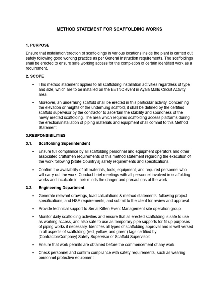 Method Statement For Scaffolding Works Pdf Scaffolding Equipment