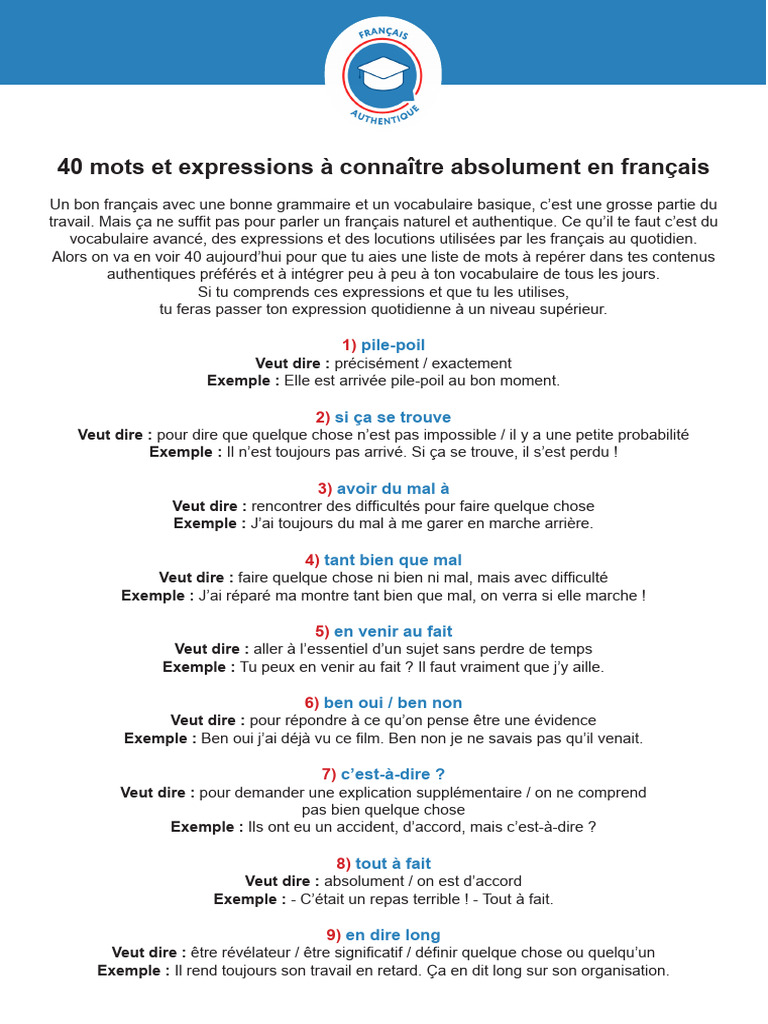 40 expressions essentielles en français | PDF | Lexique | Langue française