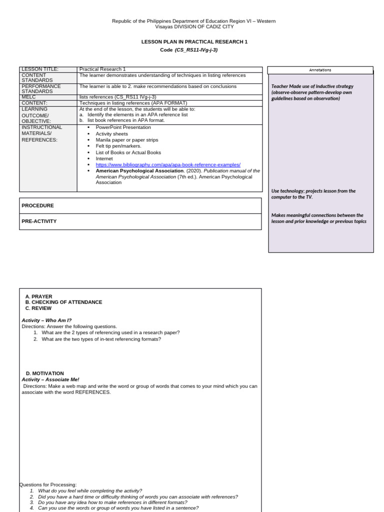 Lesson-Plan-In-Pr1 - List References | PDF | Apa Style | Citation