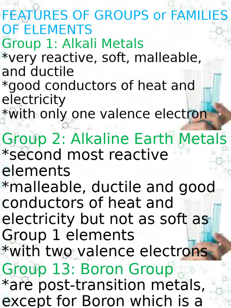 FEATURES OF GROUPS or FAMILIES OF ELEMENTS | PDF