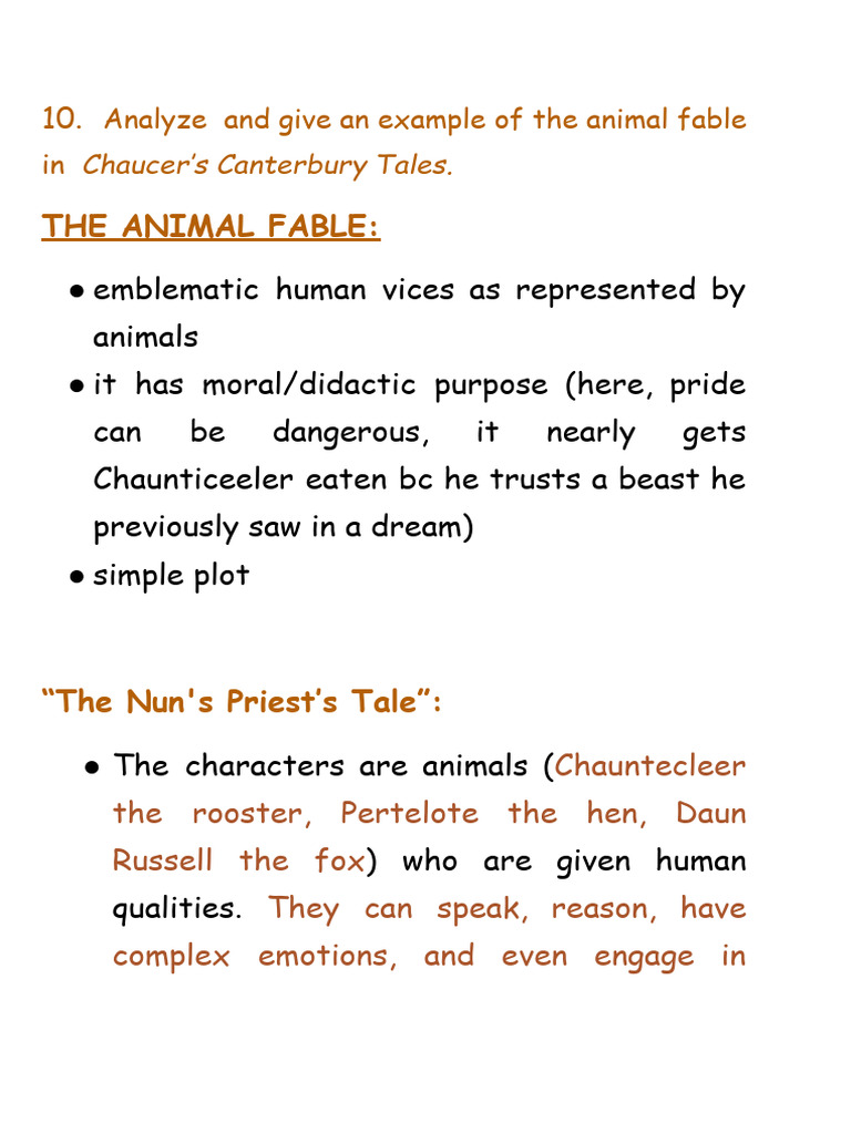Analyze and Give An Example of The Animal Fable in Chaucer 'S ...