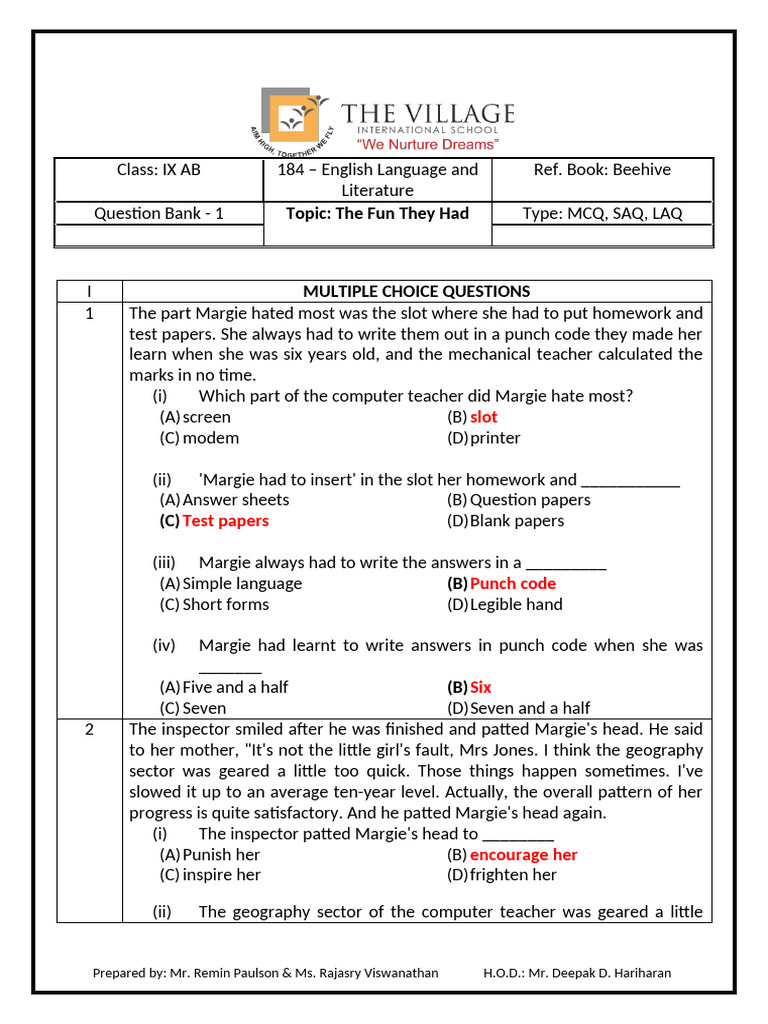 Class 9 MCQs on "The Fun They Had" | PDF