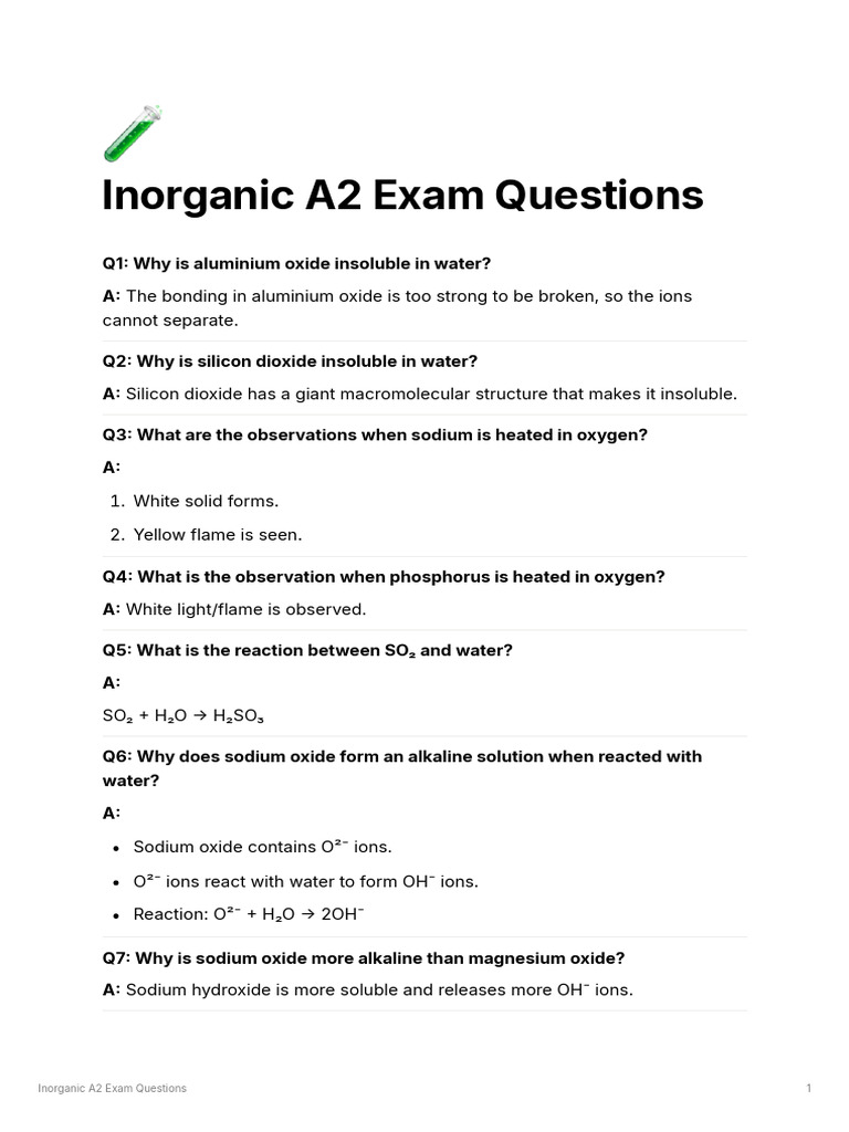 Inorganic A2 Exam Questions | PDF | Chemical Reactions | Oxide