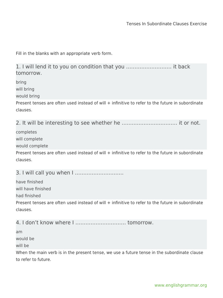 Tenses in Subordinate Clauses Exercise | PDF | Verb | Syntax