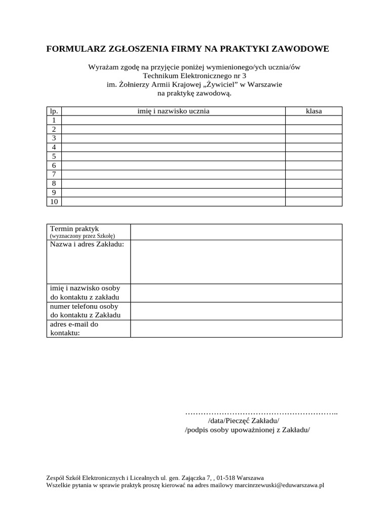 Formularz ZgŁoszenia Firmy Na Praktyki Zawodowe | PDF