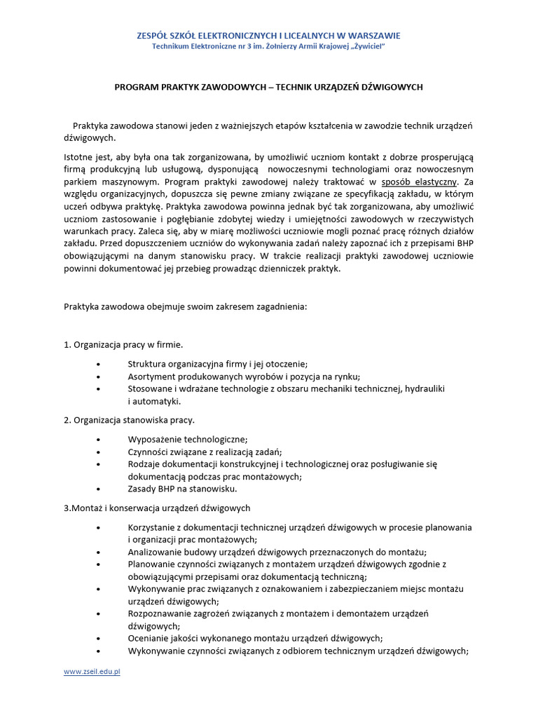 Program Praktyk Zawodowych TUD - ZSEiL | PDF
