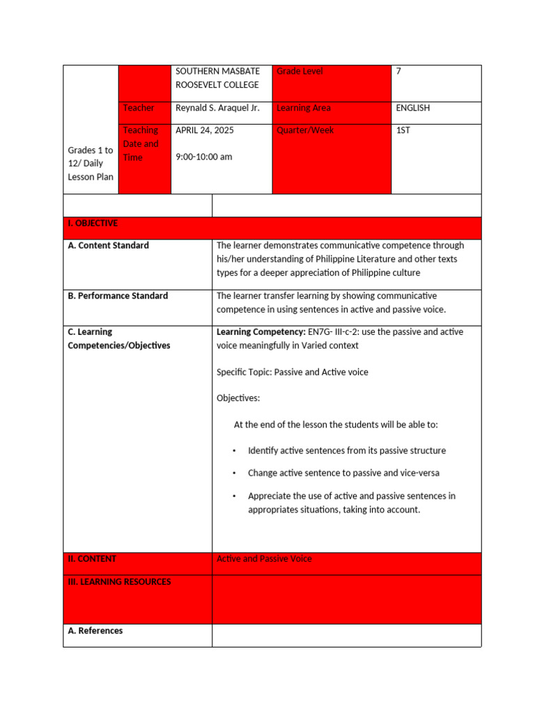 Grade 7 English Lesson: Active vs. Passive Voice | PDF | Subject (Grammar) | Linguistic Typology