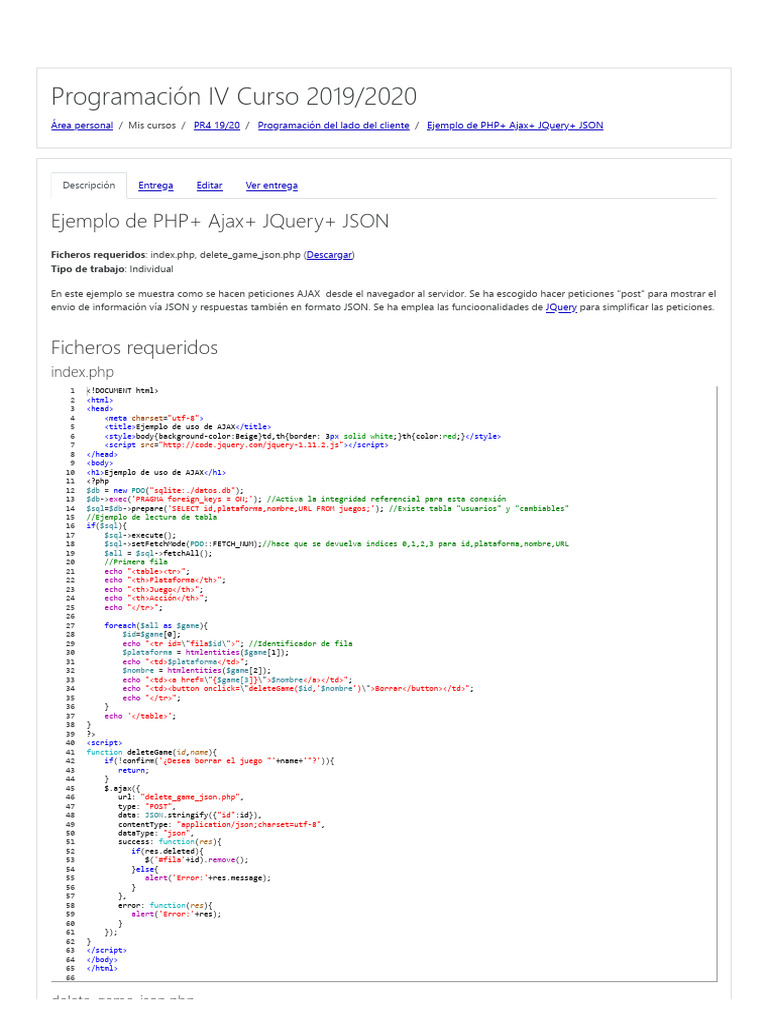 Programaciขn IV Curso 2019 - 2020 Ejemplo de PHP+ Ajax+ JQuery+ JSON Descripciขn | PDF | Json ...