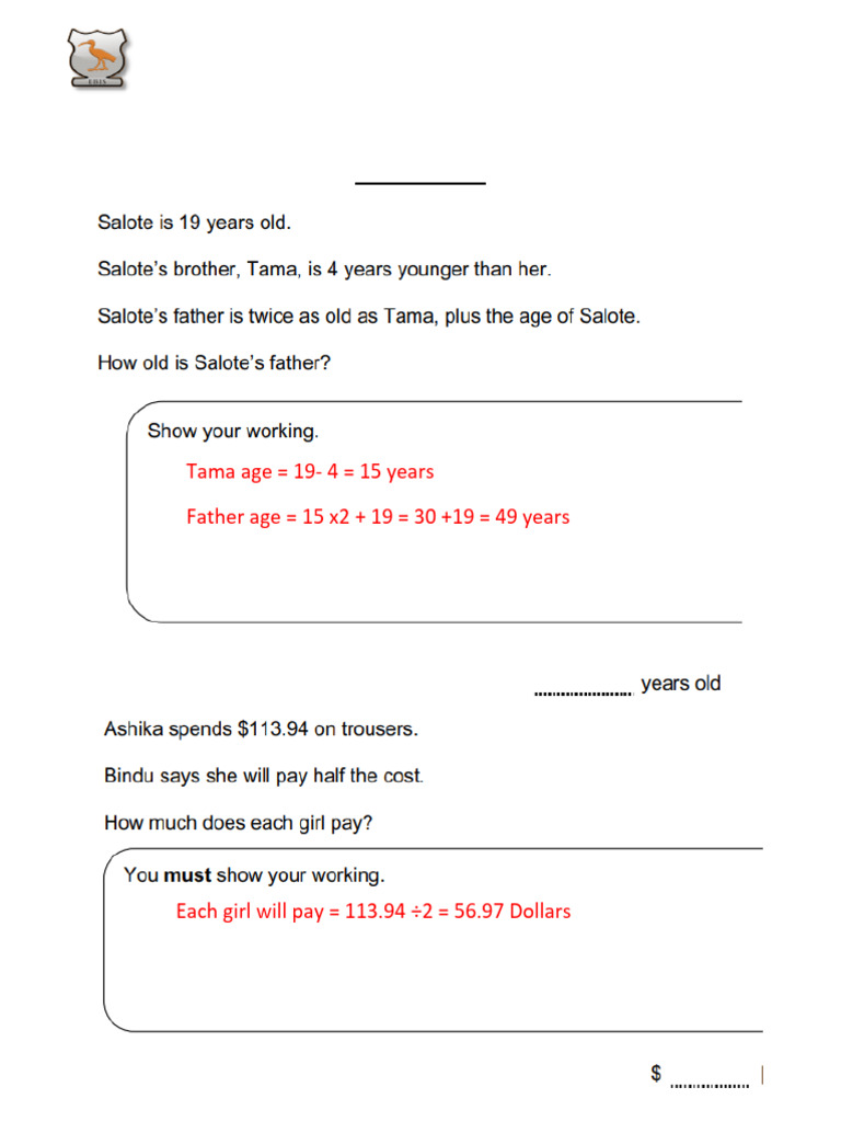 Year 6 Math Word Problems Solutions | PDF