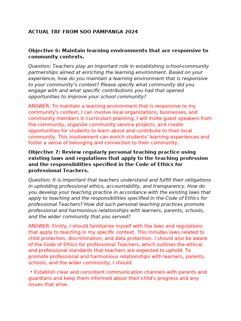 Actual TRF From Sdo Pampanga 2024 | PDF | Teachers | Learning