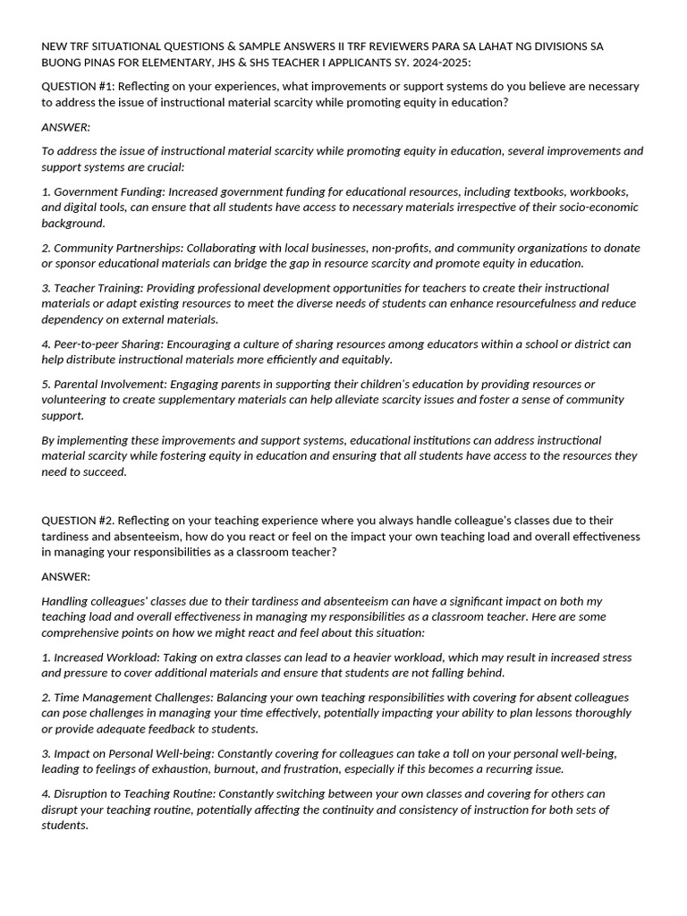 New TRF Situational Questions 2023 2024 | PDF | Teachers | Classroom