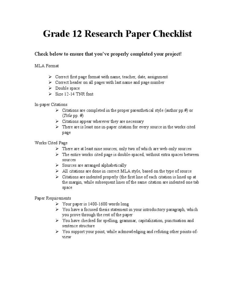 Grade 12 Research Paper Checklist: Check Below To Ensure That You've ...
