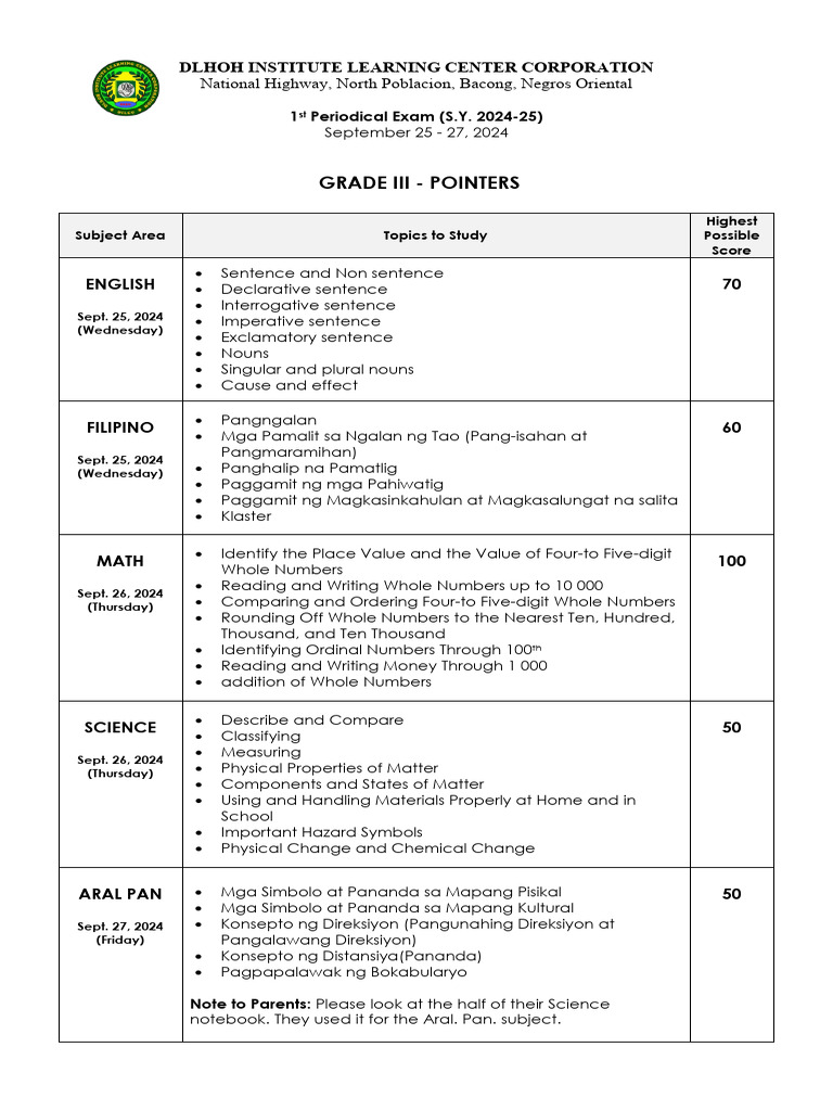 Grade 3 - Pointers Q1 S.Y 2024-2025 | PDF | Language Mechanics | Grammar