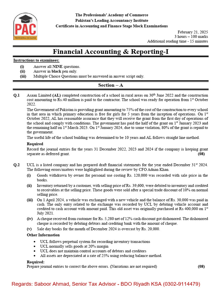 PAC All CAF Mock With Solutions Compiled By Saboor Ahmad | PDF | Taxes ...