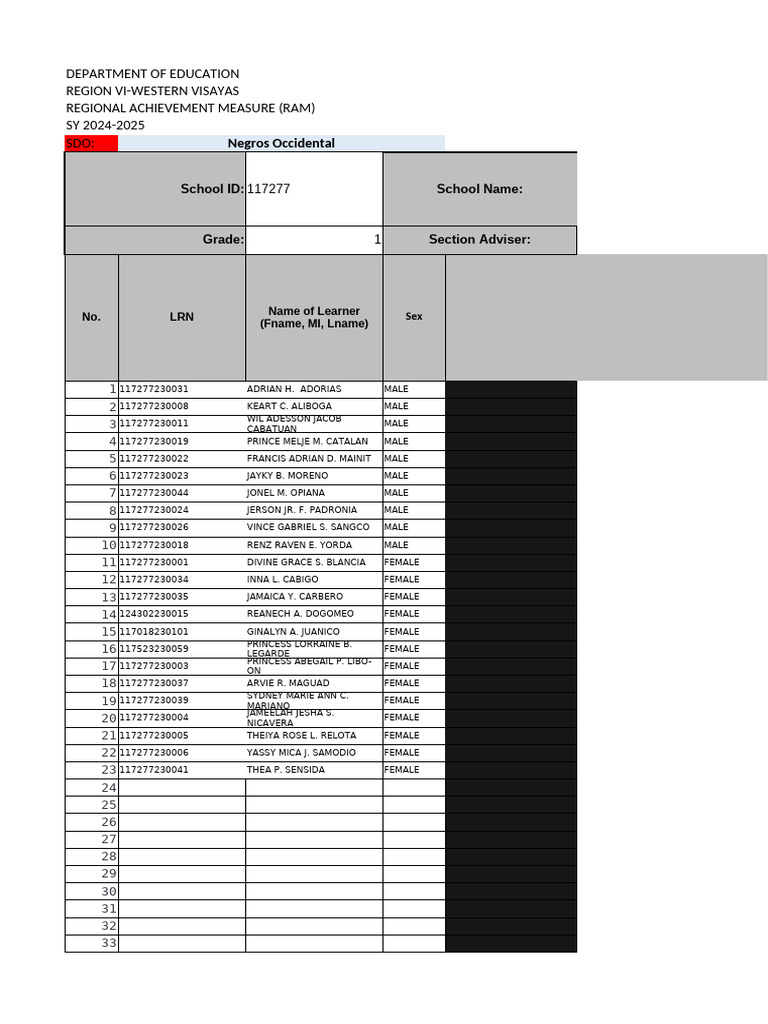 Grade 1-ROSE-RAM-Class Scoresheet 2025 | PDF | Learning To Read | Writing