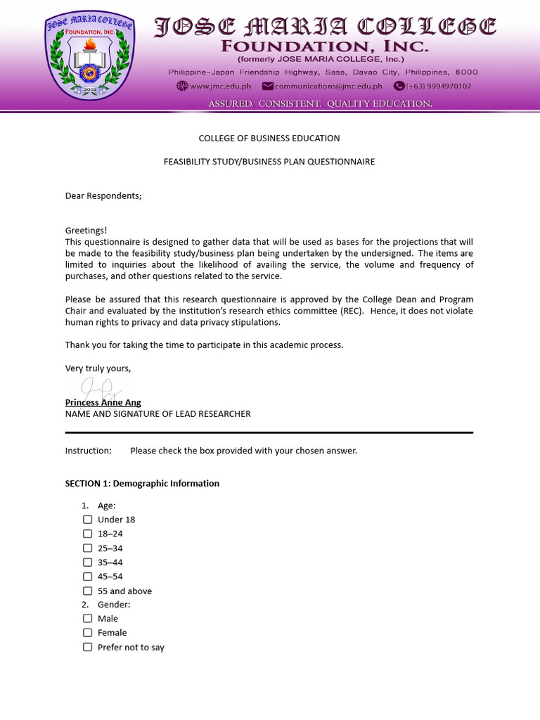 Jmcfi-Cobe Feasibility Questionnaire | PDF | Pricing