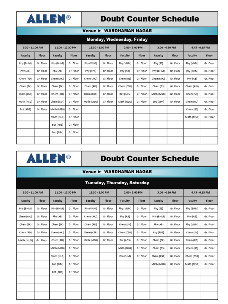 Allen: Doubt Counter Schedule | PDF