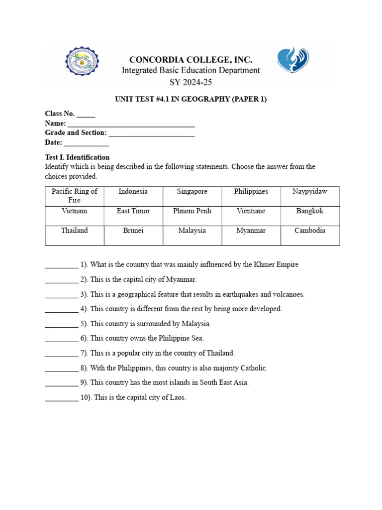 Unit Test #4.1 in Geography | PDF | Southeast Asia | Cambodia