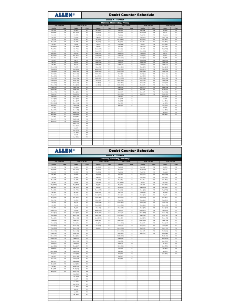 Allen: Doubt Counter Schedule | PDF