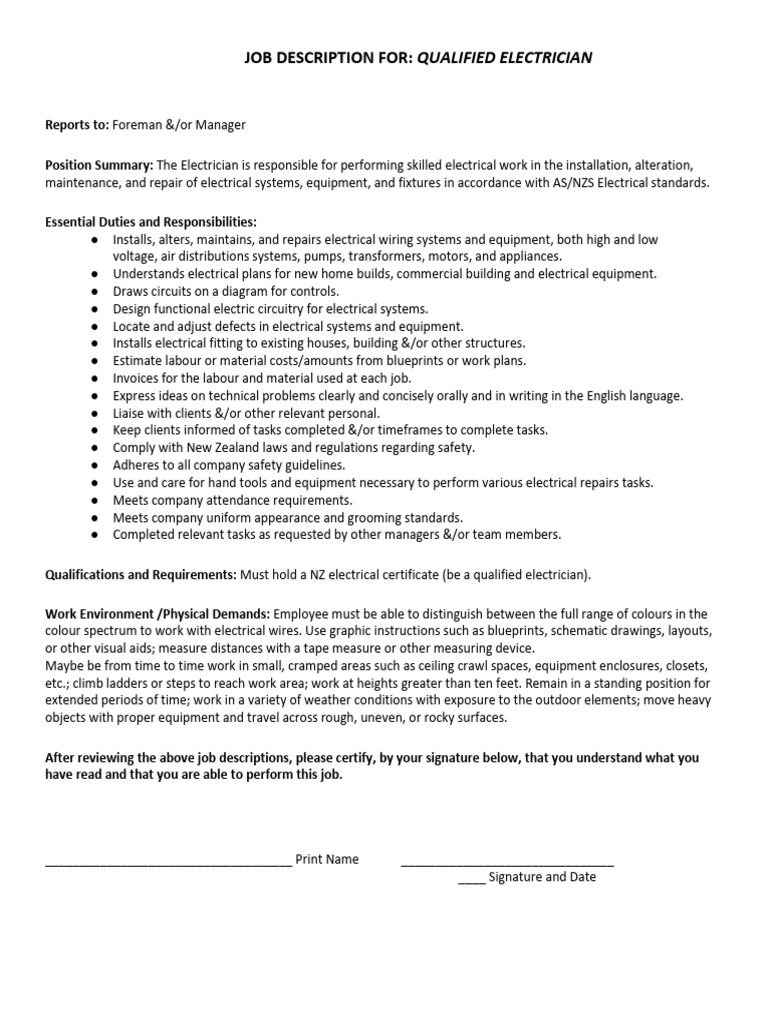 Job Description For Electrician | PDF | Electrician | Electrical Wiring