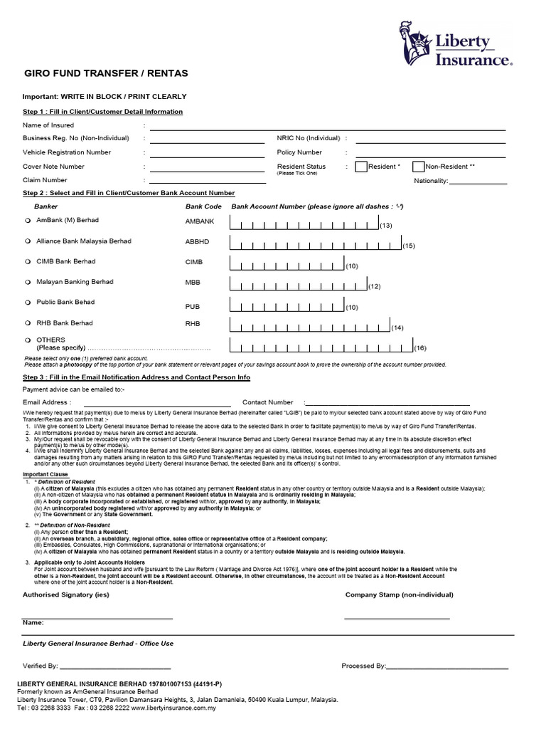 GIRO Fund Transfer Request Form | PDF | Insurance | Banks