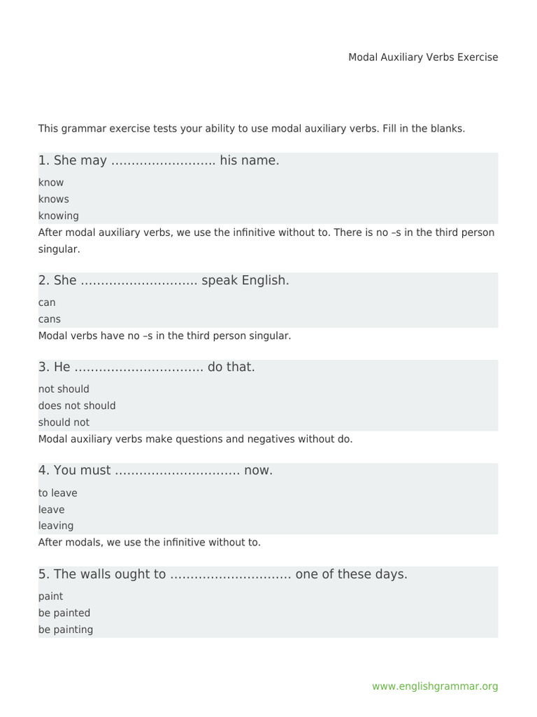 Modal Auxiliary Verbs Practice Exercise | PDF | Verb | Linguistic Typology
