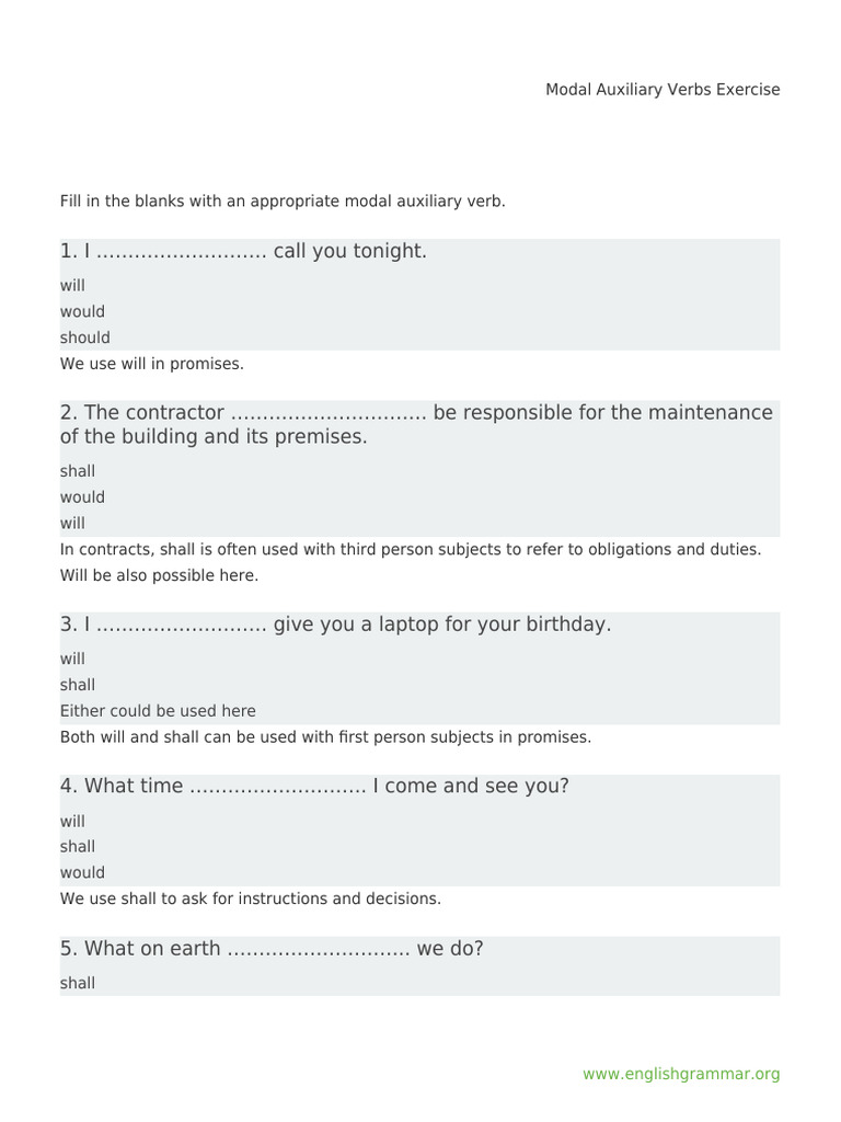 Modal Auxiliary Verbs Exercise Pdf Linguistic Typology Morphology
