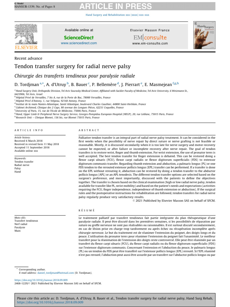 Tendon Transfer Surgery For Radial Nerve Palsy 1 | PDF | Thumb | Finger