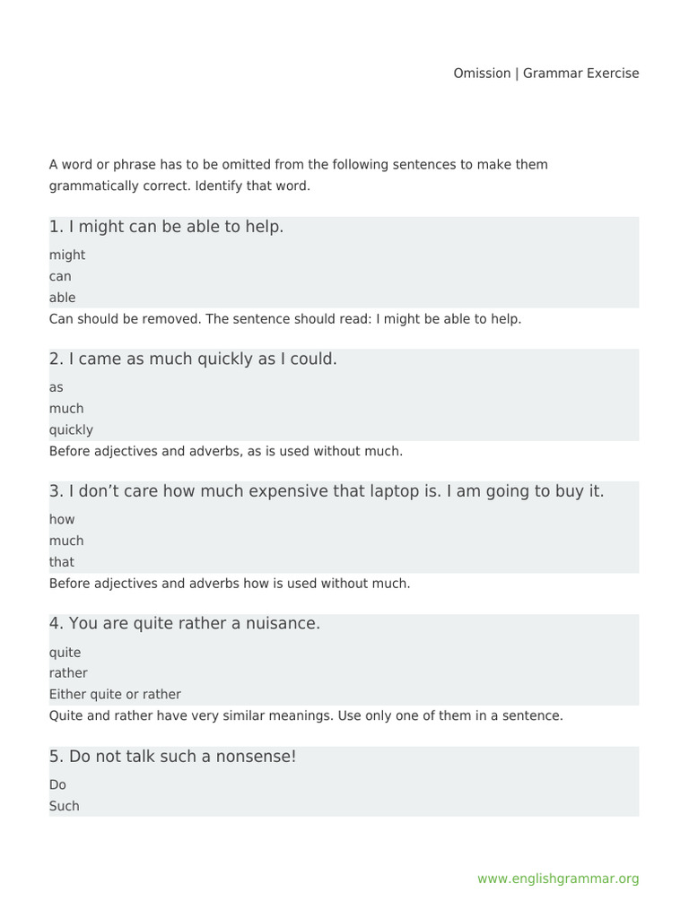 Omission - Grammar Exercise | PDF | Adverb | Noun