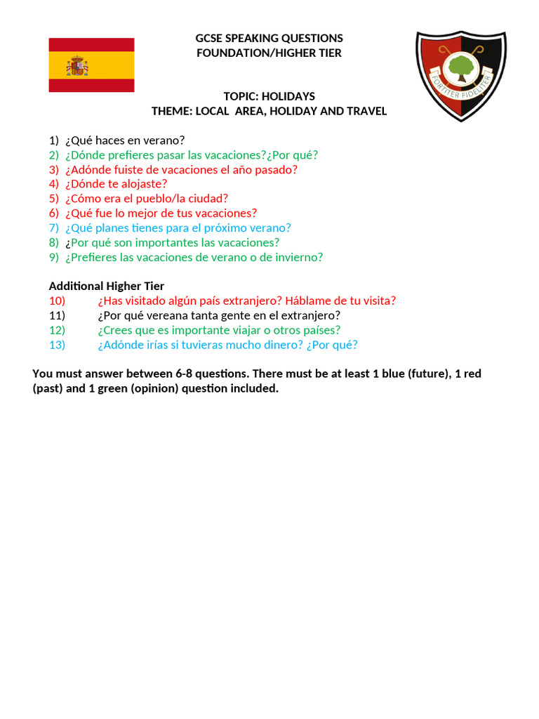 Gcse Speaking Questions - Theme 2 - Desconectate - Holidays | PDF