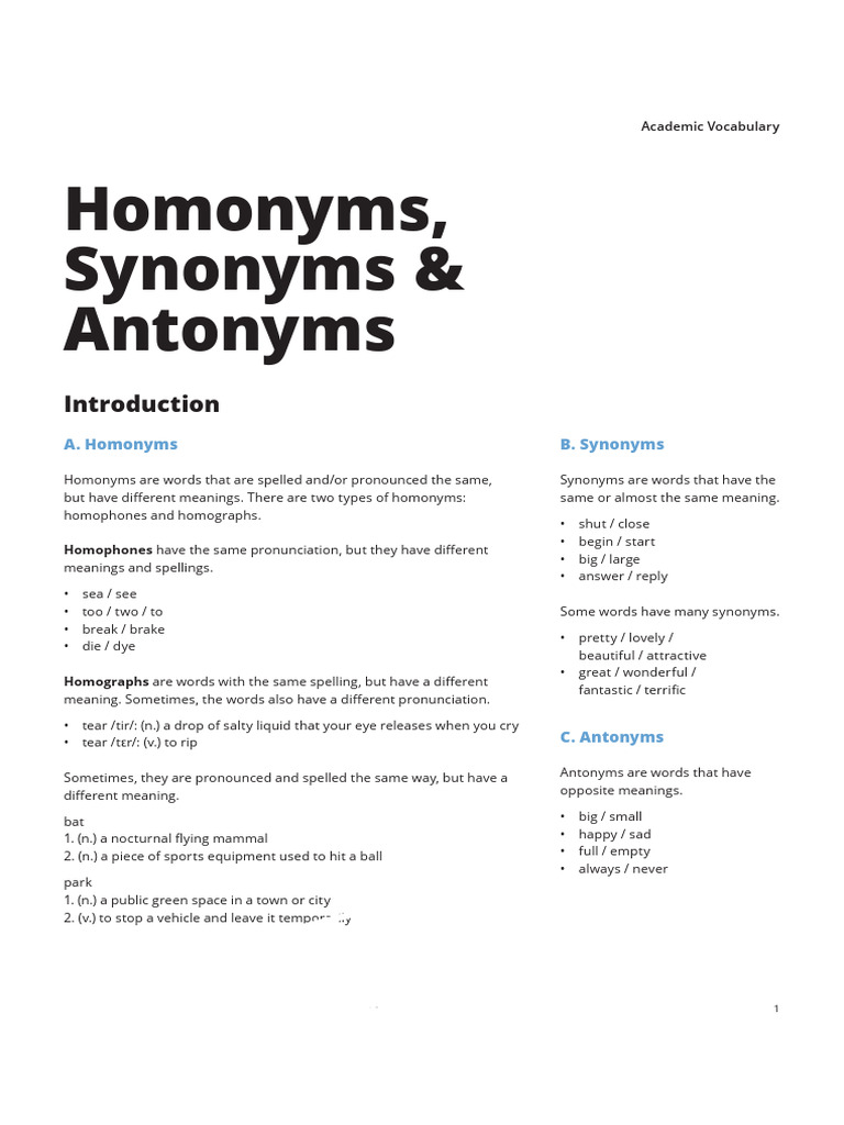 137 Homonyms-Synonyms-Antonyms UK Student | PDF | Lexicology | Language ...