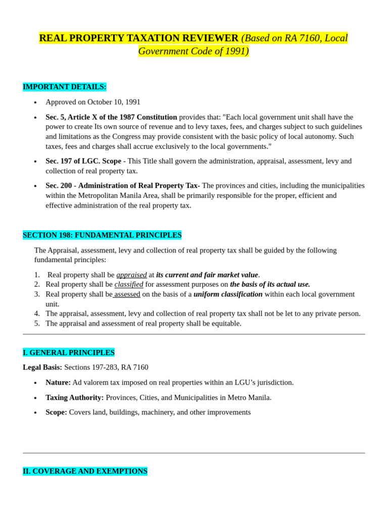 REAL PROPERTY TAXATION REVIEWER (Based On RA 7160, Local Government ...