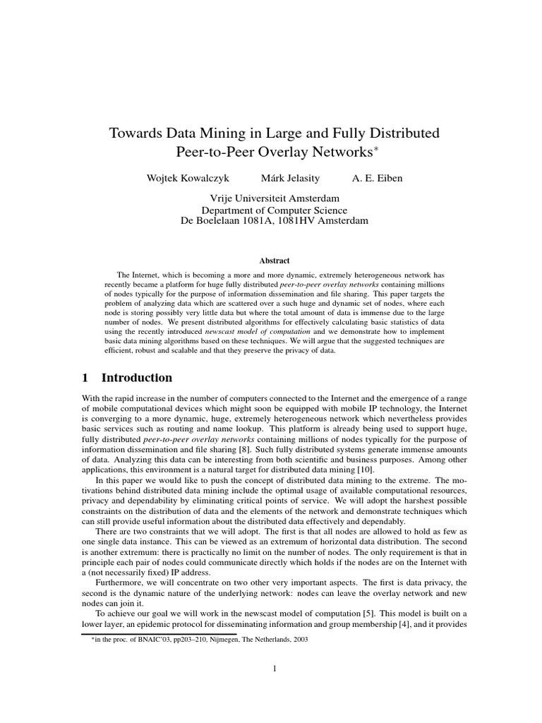 Towards Data Mining in Large and Fully Distributed Peer To Peer Overlay Networks | PDF ...