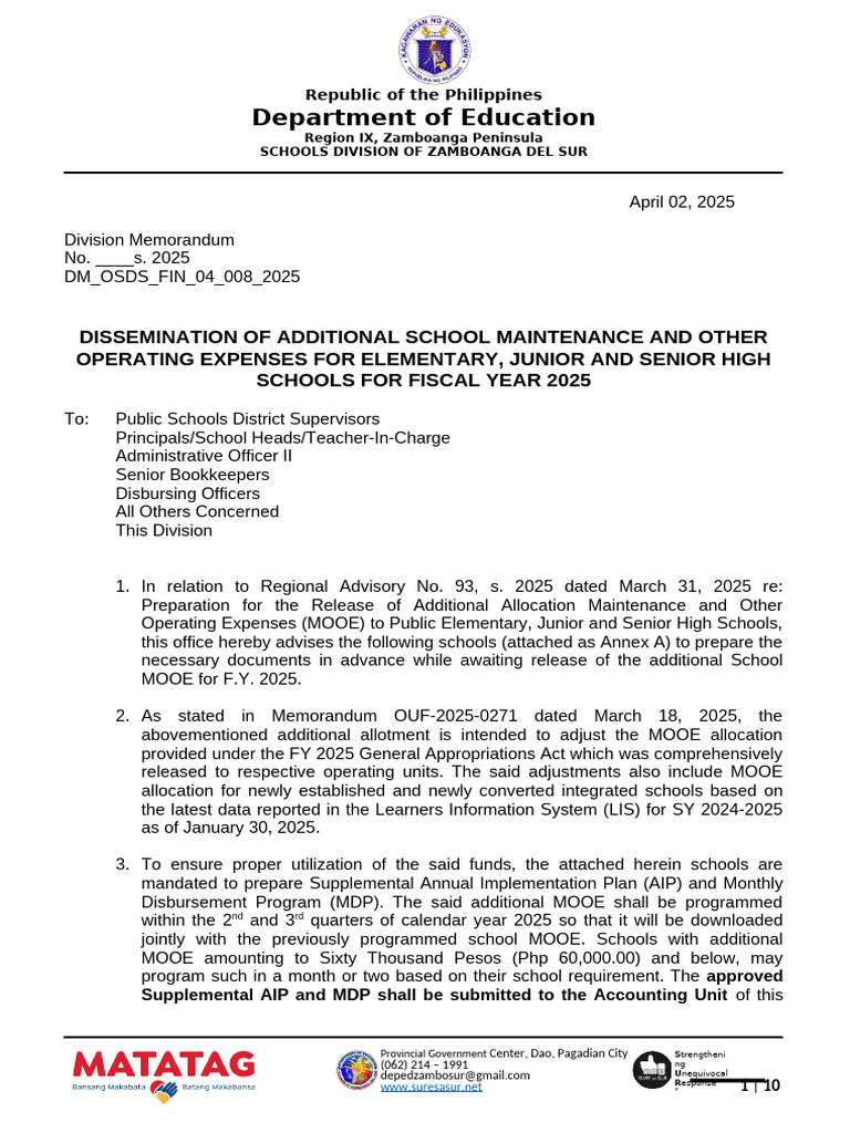 Memo - 008 Additional MOOE 2025 | PDF | Government | Philippines