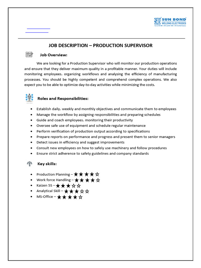 JD - Production Supervisor | PDF