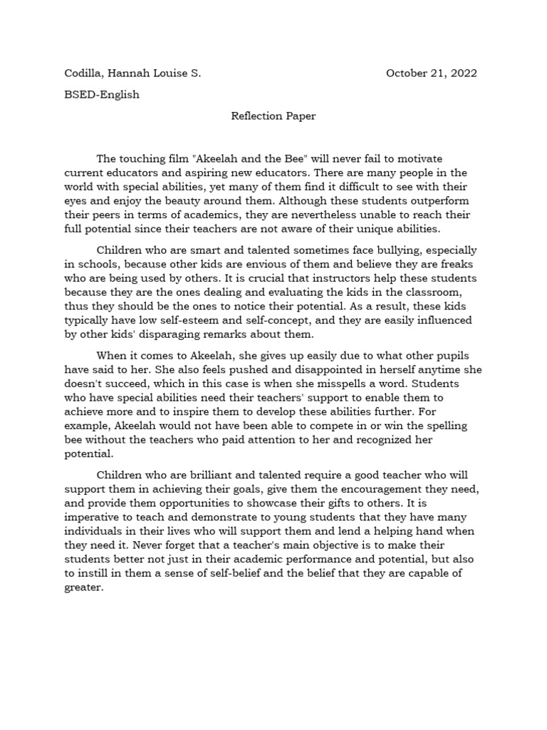 Reflection Paper Akeelah | PDF