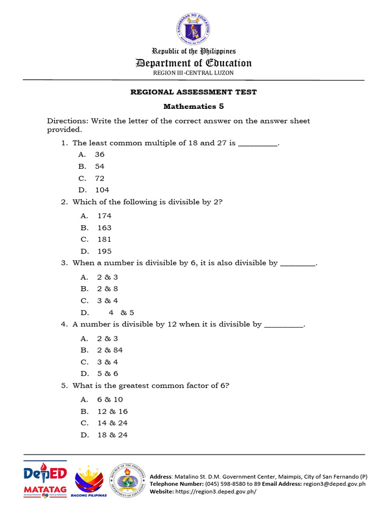 RAT Mathematics Grade 5 FINAL Edited | PDF | Thermometer