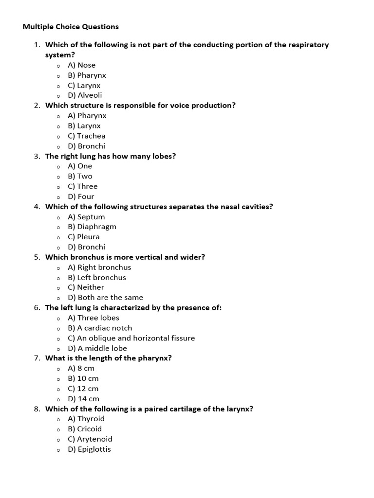 Questions On Respiratory System | PDF | Respiratory Tract | Lung