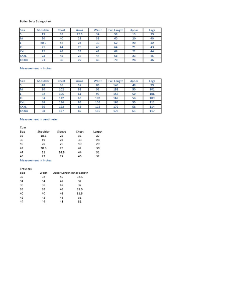 Boiler Suit Size Chart | PDF