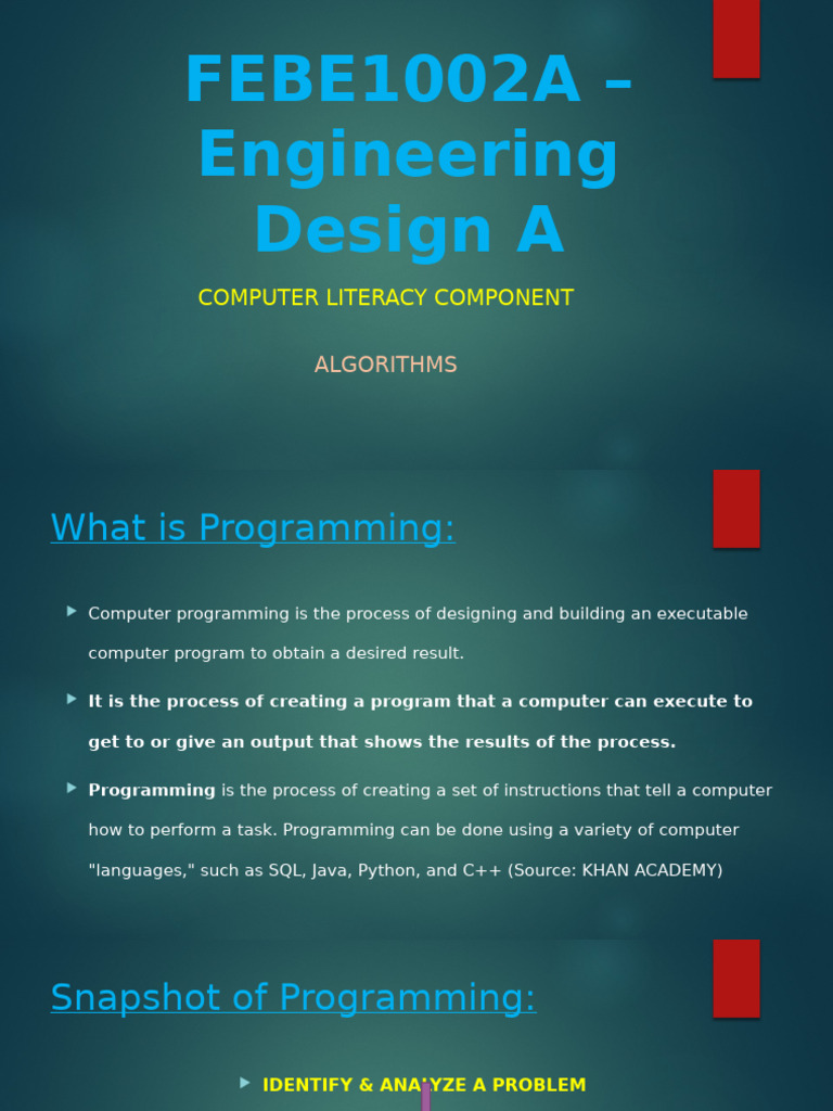 FEBE1002A Engineering Design Analysis 1A - Week 6 - Algorithms | PDF | Algorithms | Computer ...