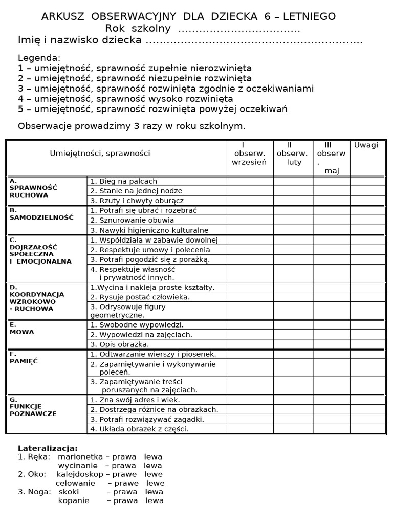 Arkusz Obserwacyjny Dla Dziecka 6 | PDF