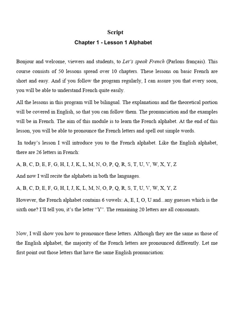 W1-L1- Script -Chapter 1 - Lesson 1 Alphabet | PDF | Alphabet | French Language