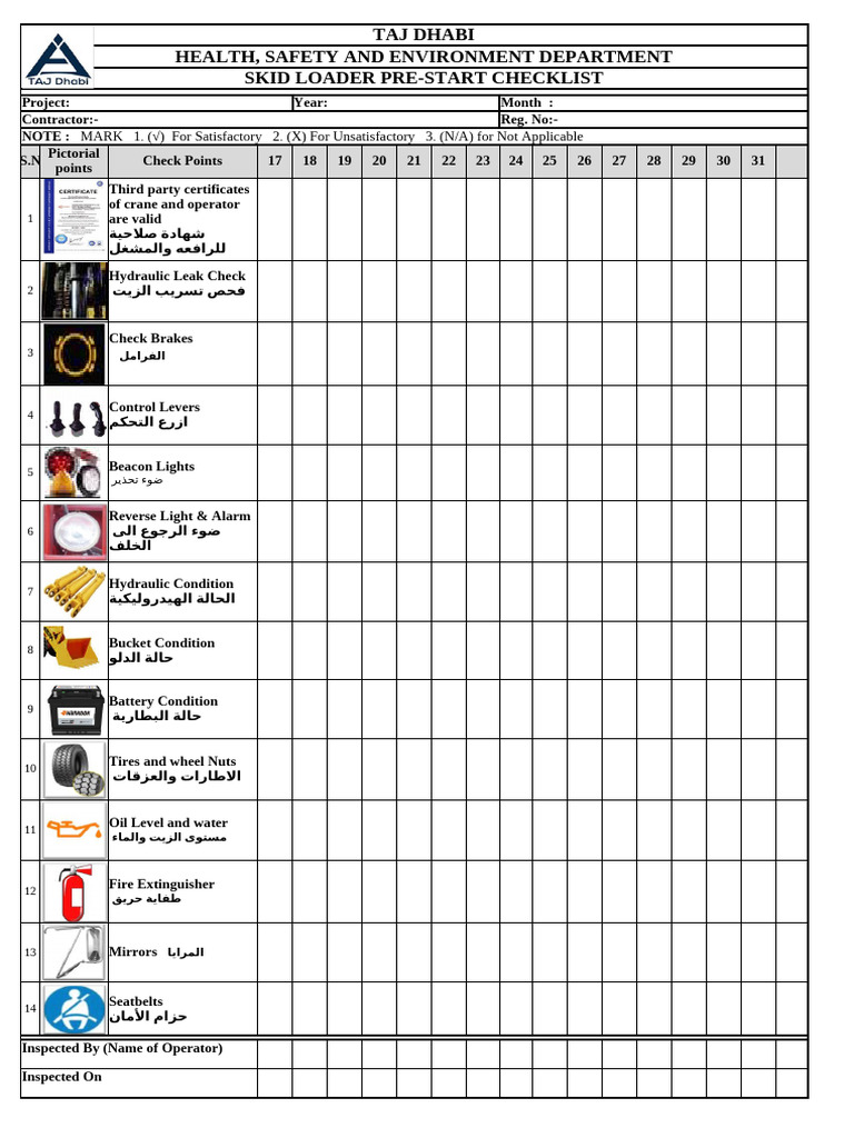 Skid Loader Pre-Start Checklist 2nd 15-Days | PDF