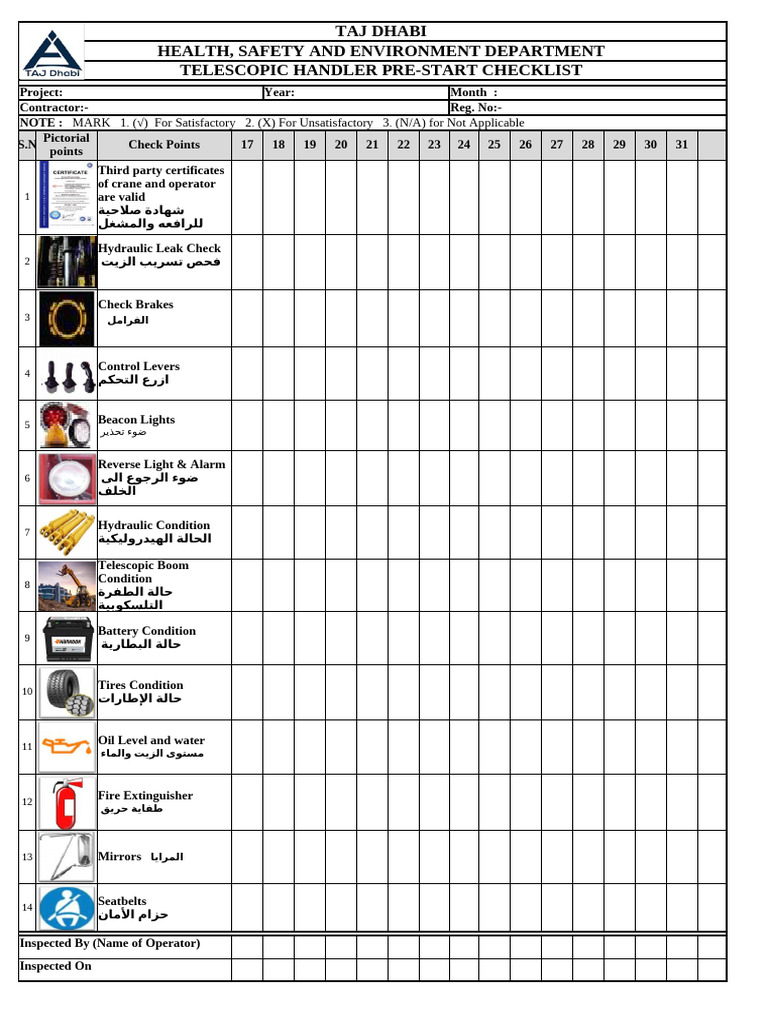 Telescopic Handler Pre-Start Checklist 2nd 15-Days | PDF