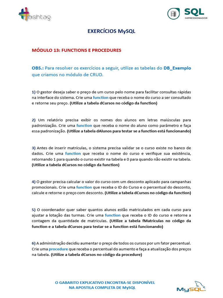 EXERCICIOS MYSQL - FUNCTIONS E PROCEDURES | PDF | Tabela (banco de ...