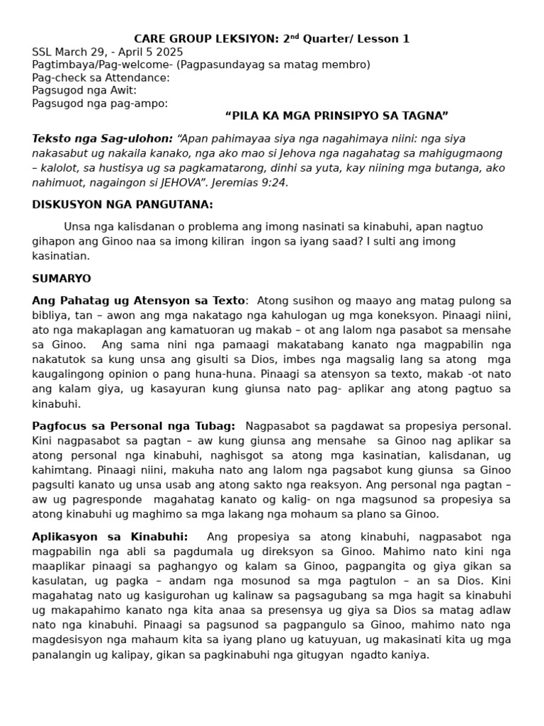 2nd Quarter Care Group Ss Lesson 1 Cebuan | PDF