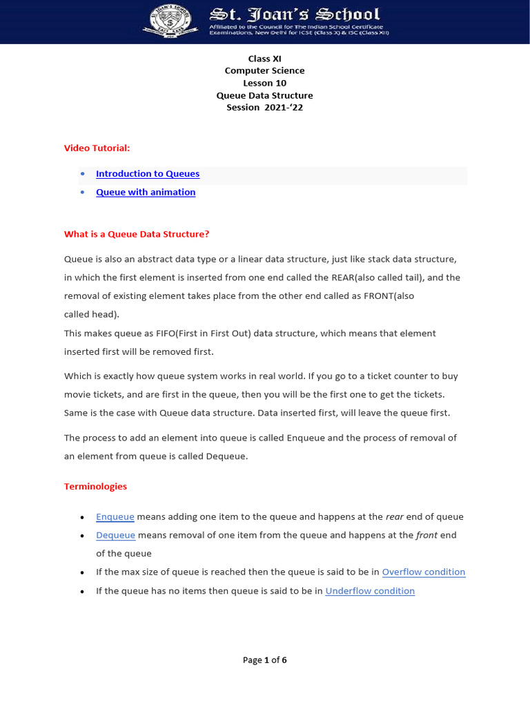 Class XI Computer Science Lesson 10 Queue Data Structure Session 2021-'22 | PDF | Queue ...