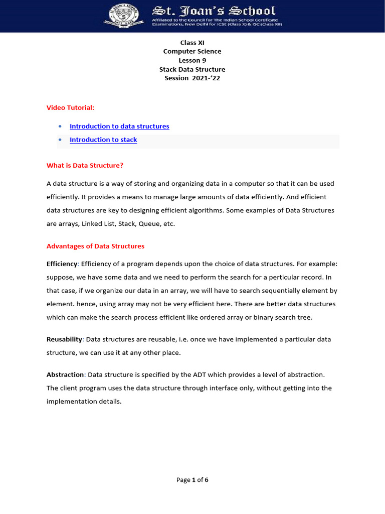 Class Xi Computer Science Lesson 9 Stack Data Structure Session 2021 22 Pdf Data Structure