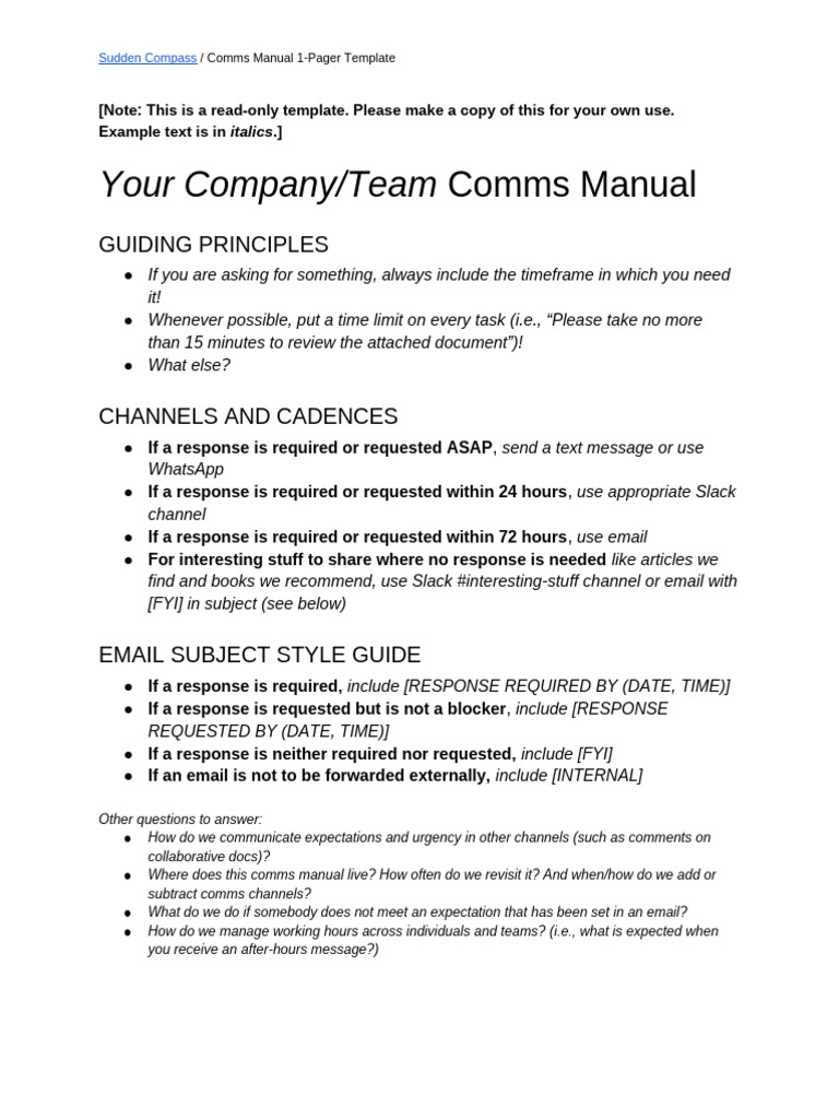 Comms Manual 1-Pager Template Guide | PDF