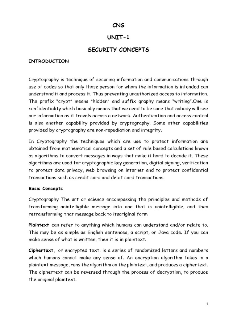 CNS Unit 1 | PDF | Key (Cryptography) | Cryptography